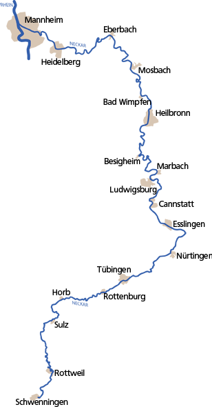 Neckartalradweg: Übersicht der Radweg-Etappen des Neckarradweges